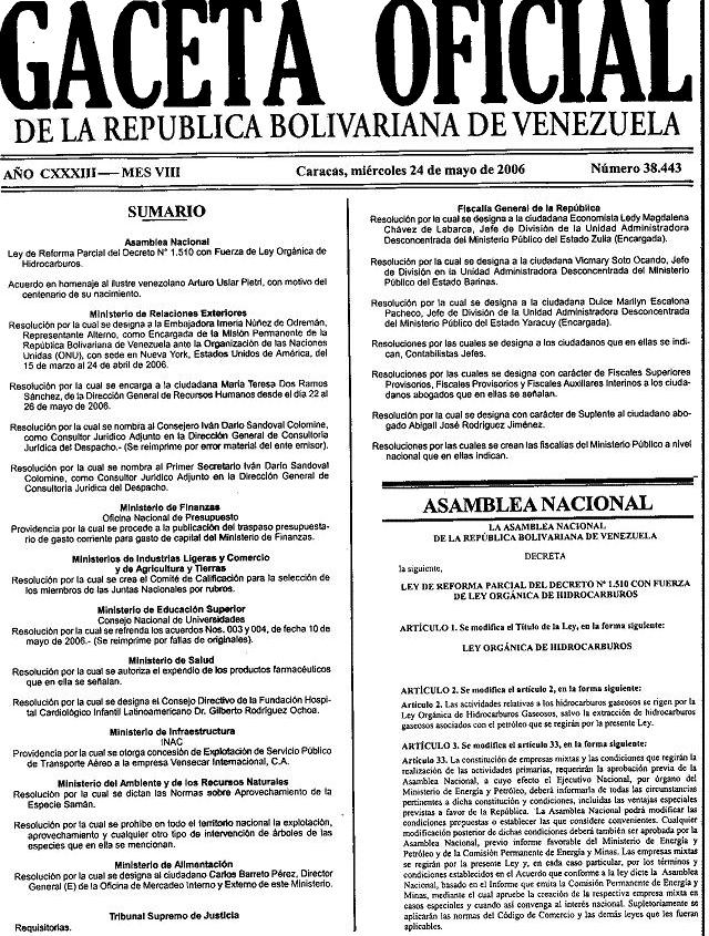 Gaceta Oficial 38443 miércoles 24 de mayo 2006 "Se publican Reformas a ...