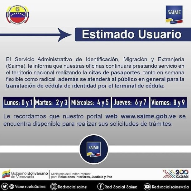 Estos son los nuevos horarios del Saime en semanas flexible y radical ...